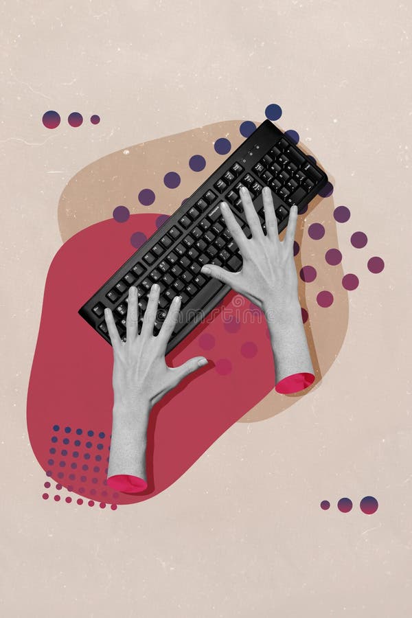 Vertical Creative Image Collage of Anonymous Person Hands Typing Keypad ...
