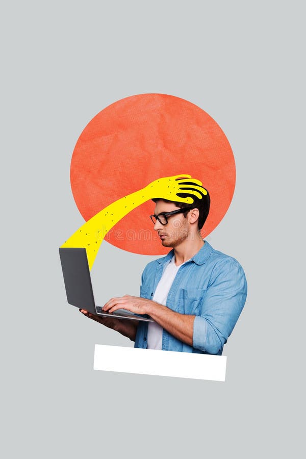 Vertical Creative Image Collage Young Man Computer User Addicted Social ...