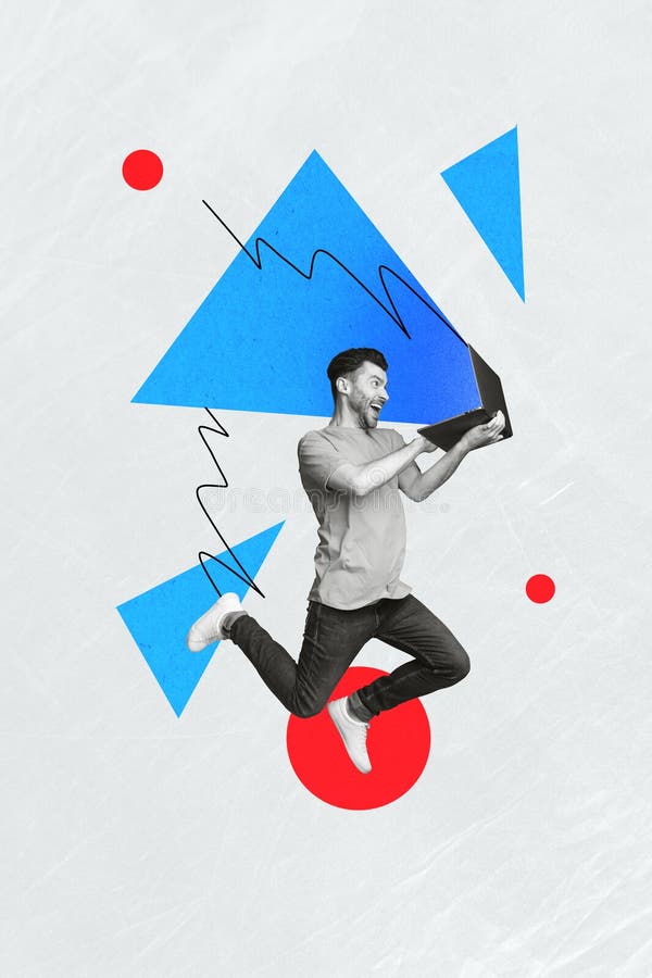 Vertical Creative Photo Collage of Funny Young Man Jump Run with Laptop ...
