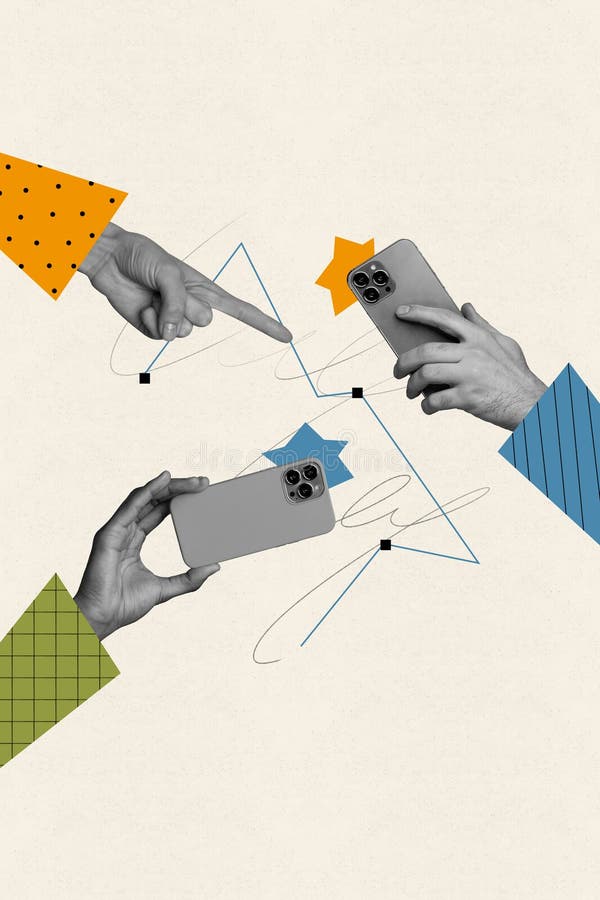 Vertical Creative Photo Collage of Three Hands Gesture Pointing Holding ...
