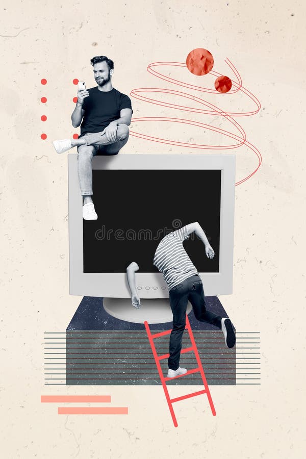 Vertical Creative Photo Collage Young Two Men Computer Modern ...