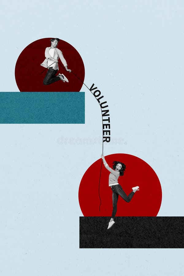 Vertical Creative Picture Collage Two Young Girls Pull Rope Volunteer ...