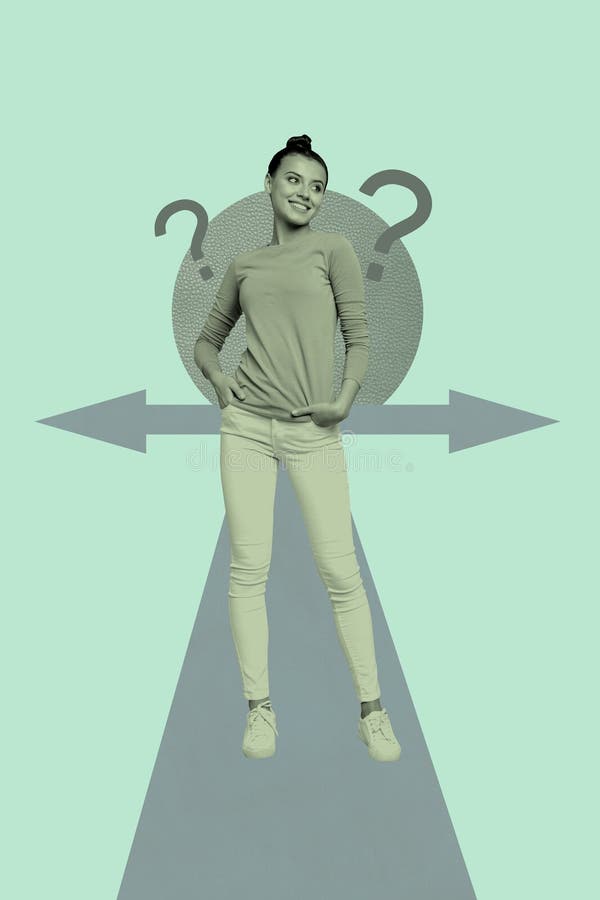 Vertical 3d Artwork Collage of Happy Girl Stand Path Arrow Pointer Turn ...