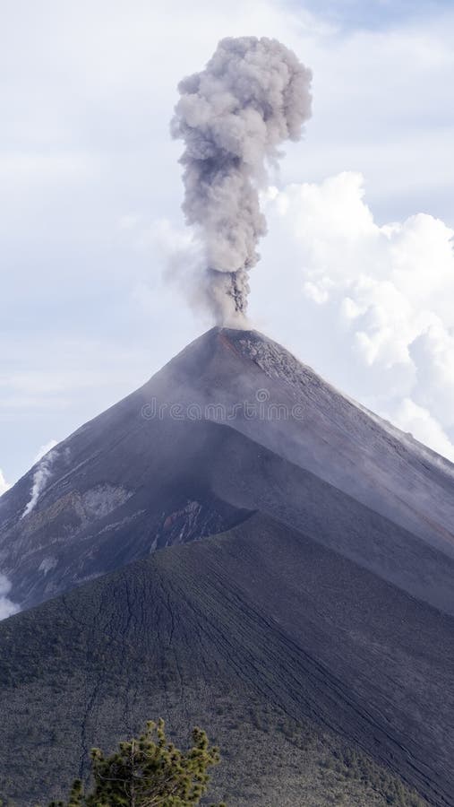 Vertical Day Eruption Landscape with Smoke at Fire Volcano in Guatemala ...