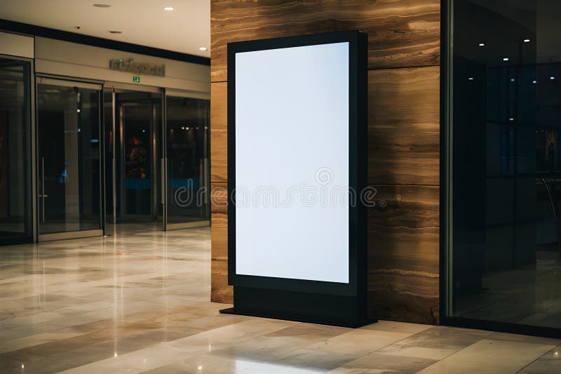 Vertical Digital Display with Blank White Screen, Polished Marble Floor ...
