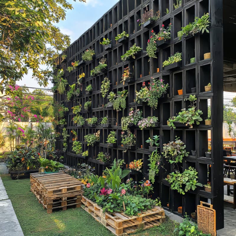 Vertical Display of Potted Plants in a Wooden Structure. Stock Image ...