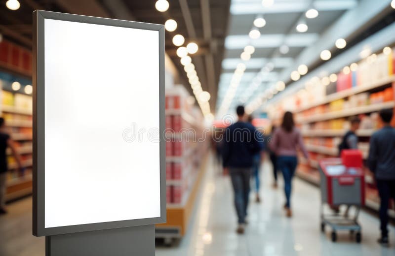 Vertical Display in Retail Hypermarket. Blank Advertisement Panel ...