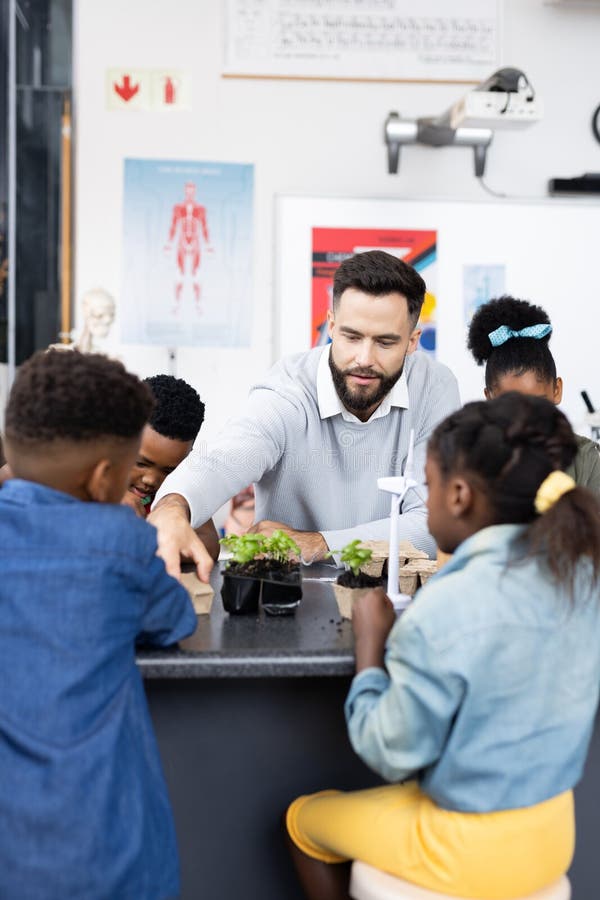 Vertical of Diverse Elementary Schoolchildren and Male Teacher Studying ...