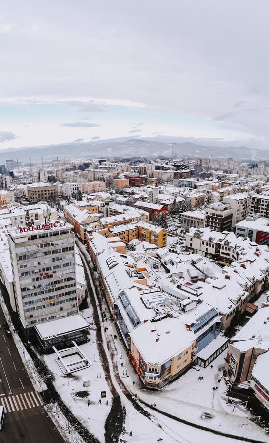 Vertical Drone Shot of a City View Covered in Snow Stock Image - Image ...