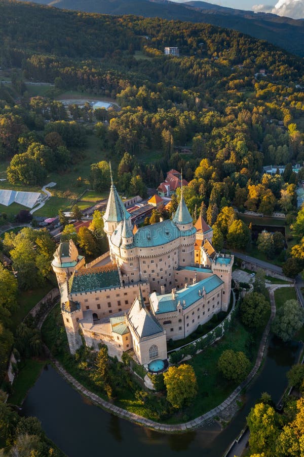 Vertical Drone View of Bojnice Castle in Slovakia in Warm Evening Light ...