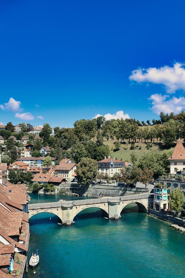 Vertical Drone View of a Bridge Over the Aare River with Buildings and ...