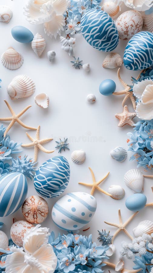 Vertical Easter Background in Nautical Style with Painted Eggs, Corals ...
