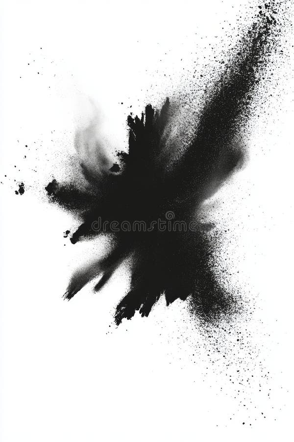 A Vertical Explosion of Black Powder Against a White Background is the ...