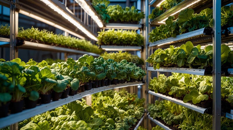 Vertical Farm Facility, Showcasing Rows of Leafy Greens and Herbs ...