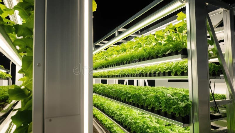 Vertical Farm Illuminated with Bright LED Lights Night Stock ...