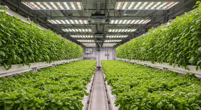 Vertical Farm with Rows of Lush Green Plants Under LED Grow Lights. the Parallel Rows Stock ...