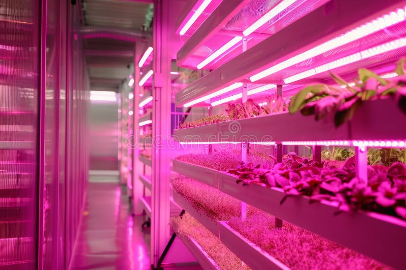 A Vertical Farm with Stacked Layers of Plants Growing Under LED Lights ...
