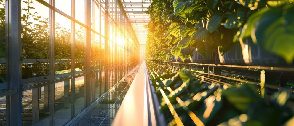 A Vertical Farm during Sunset Hydroponic Plants Casting Long Shadows in ...