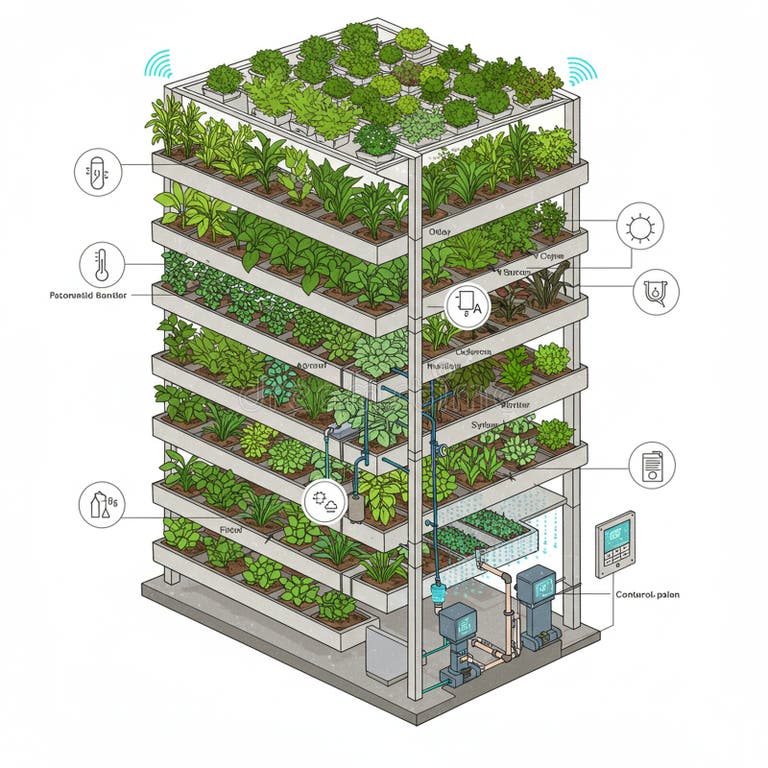 Vertical Farming Setup Depicting a Multi-level Structure with Various ...