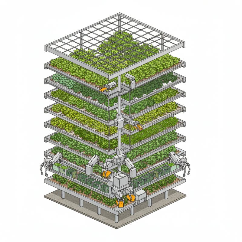 Vertical Farming System Depicted in an Isometric Style, Featuring a ...