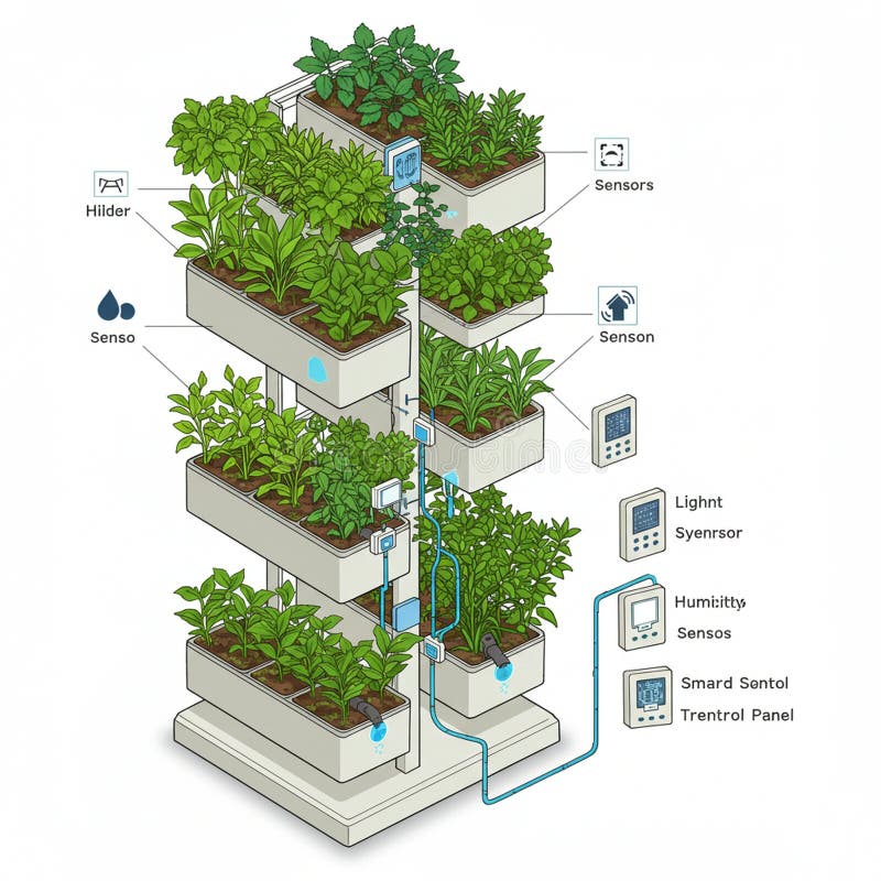Vertical Farming System Featuring Stacked Rectangular Planters Filled ...
