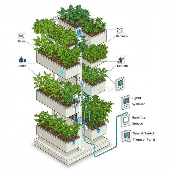 Vertical Farming System Featuring Stacked Rectangular Planters Filled ...