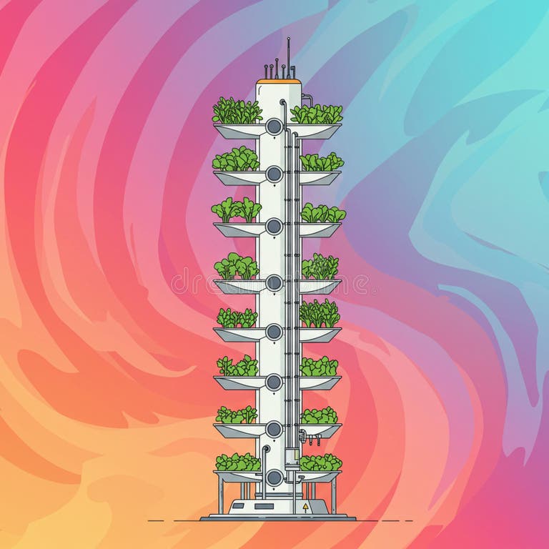 Vertical Farming System Illustrated with a Tall, White, Cylindrical ...