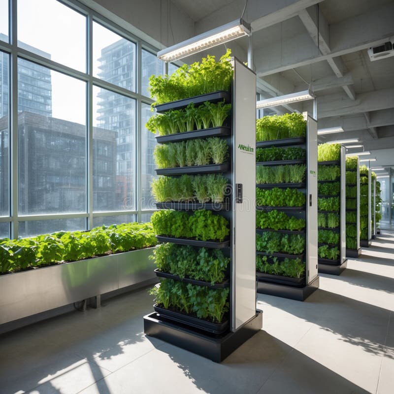 Vertical Farming Units with Sunlit Rows of Herbs in a Clean City ...