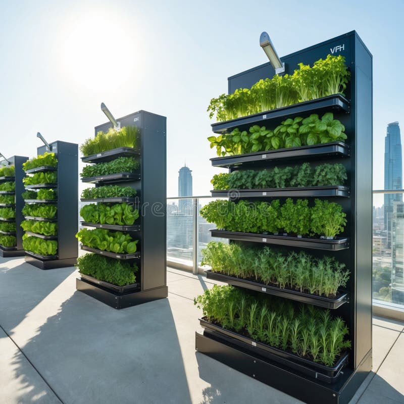 Vertical Farming Units with Sunlit Rows of Herbs in a Clean City ...