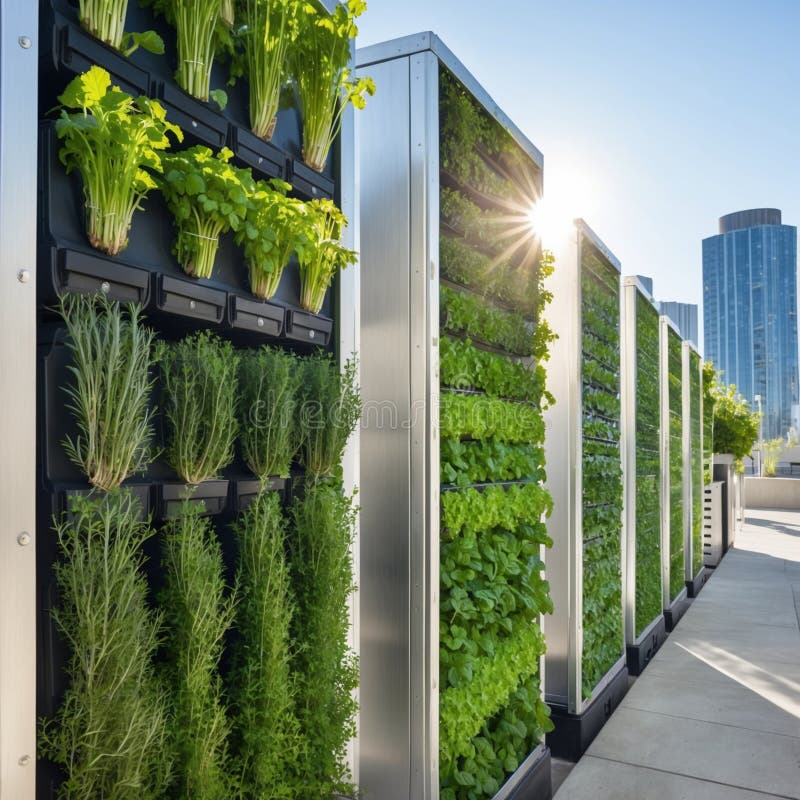 Vertical Farming Units with Sunlit Rows of Herbs in a Clean City ...