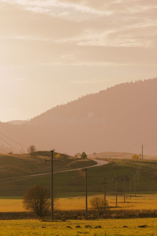 Vertical of Fields with Power Lines and Stations Around, Misty ...