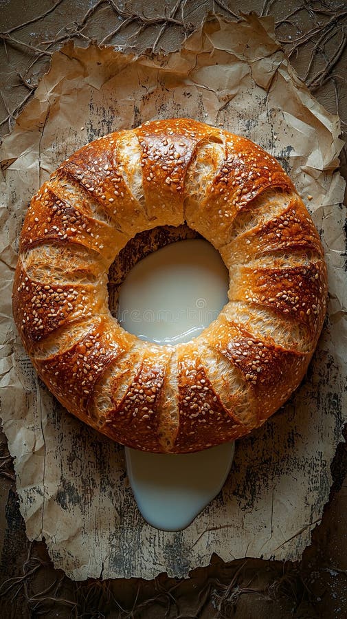 Vertical Food Composition of Bread Crust Circle with Milk Ring on Aged ...