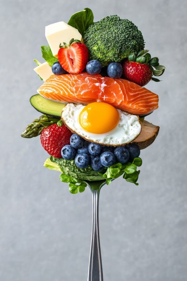 Vertical Food Stack of Salmon, Egg, and Fresh Produce on Fork Stock ...