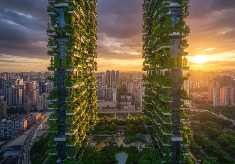 Vertical Forest Skyscrapers at Sunset with Lush Greenery in Modern ...