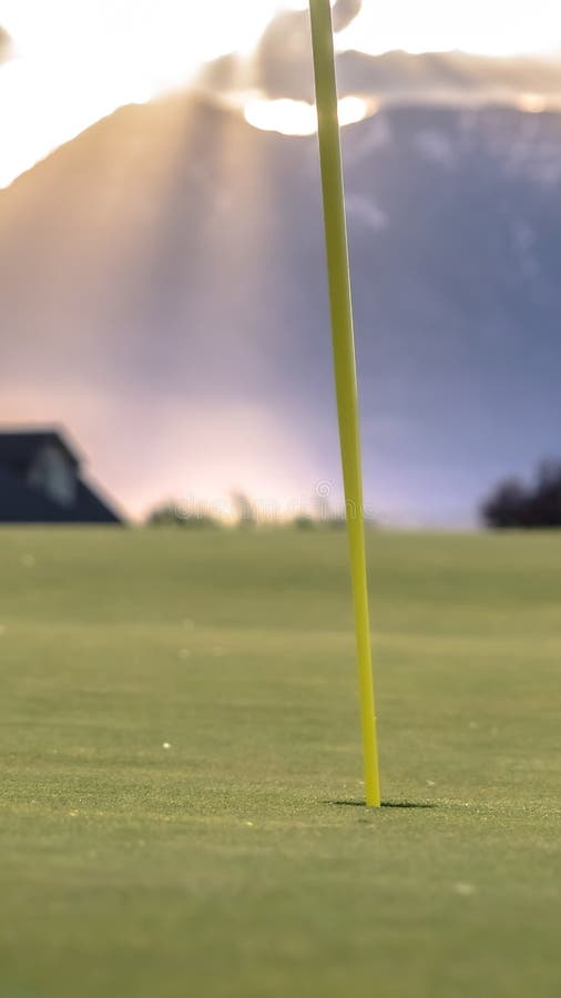Vertical Frame Focus on the Yellow Pin and Cup in the Middle of Putting ...