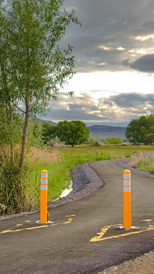 Vertical Frame Yellow Traffic Delineator Posts on a Road with View of ...