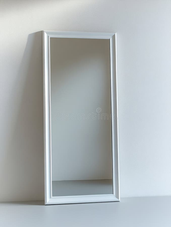 A Vertical Framed Mirror on a Plain Wall. Stock Image - Image of ...