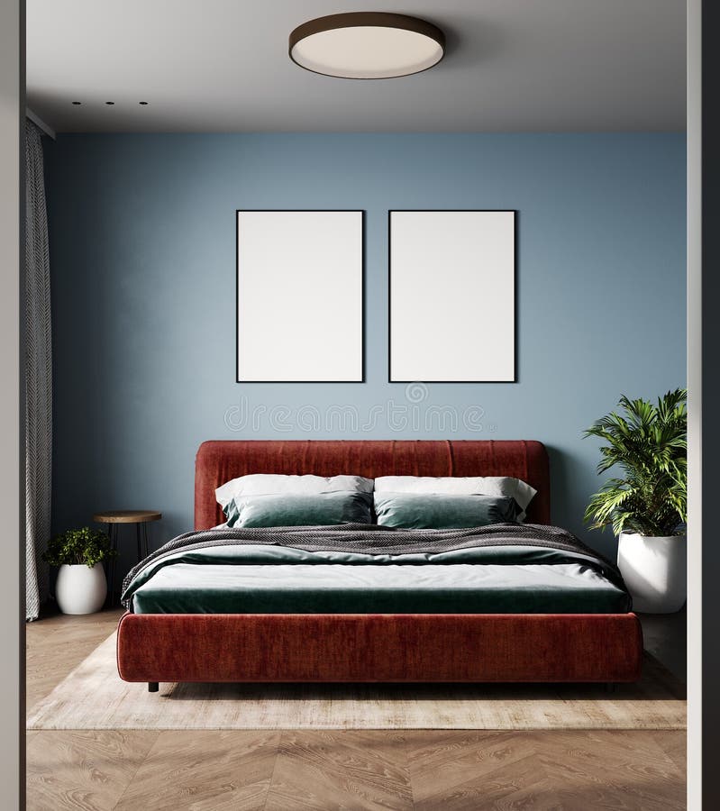 Vertical Frames Mockup in Modern Bedroom Interior with Red Bed on Blue ...