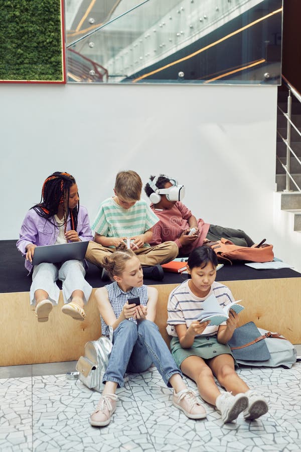 Schoolkids Using Technology at Break Stock Image - Image of indoors ...