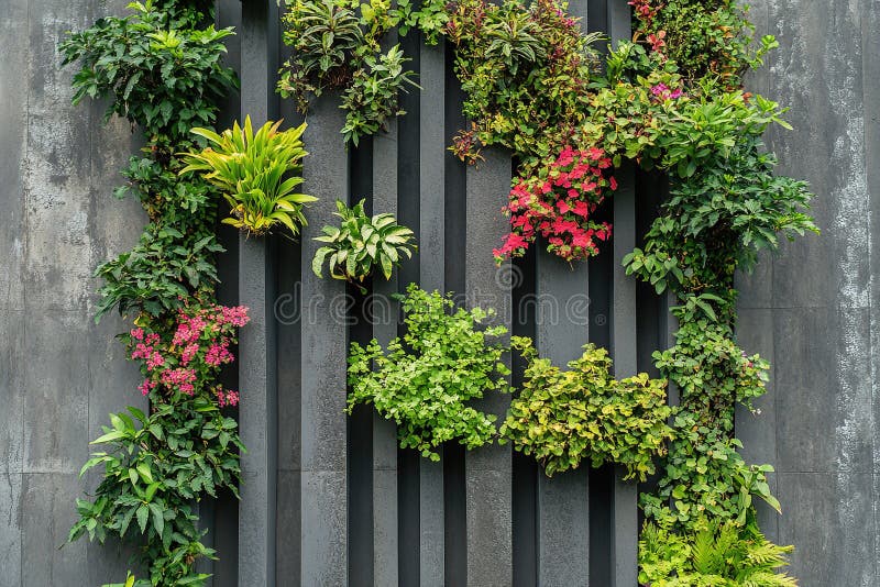 Vertical Garden with Diverse Plants Growing on Wall Installation in ...