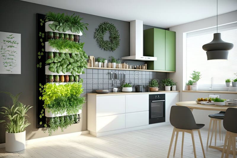 Vertical Garden with Herbs and Spices on Kitchen Wall Stock ...
