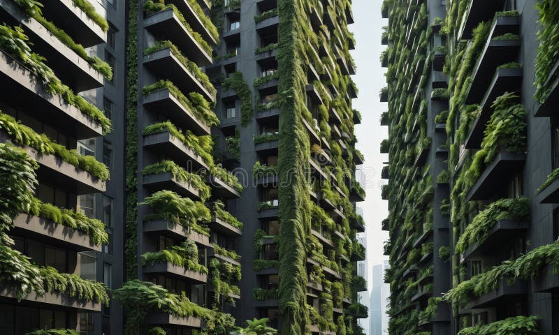 Vertical Garden with Lush Greenery Adorns the Exterior Modern Building ...