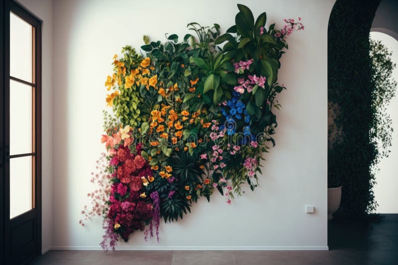 Vertical Garden with Lush Greenery and Colorful Blooms on White Wall ...