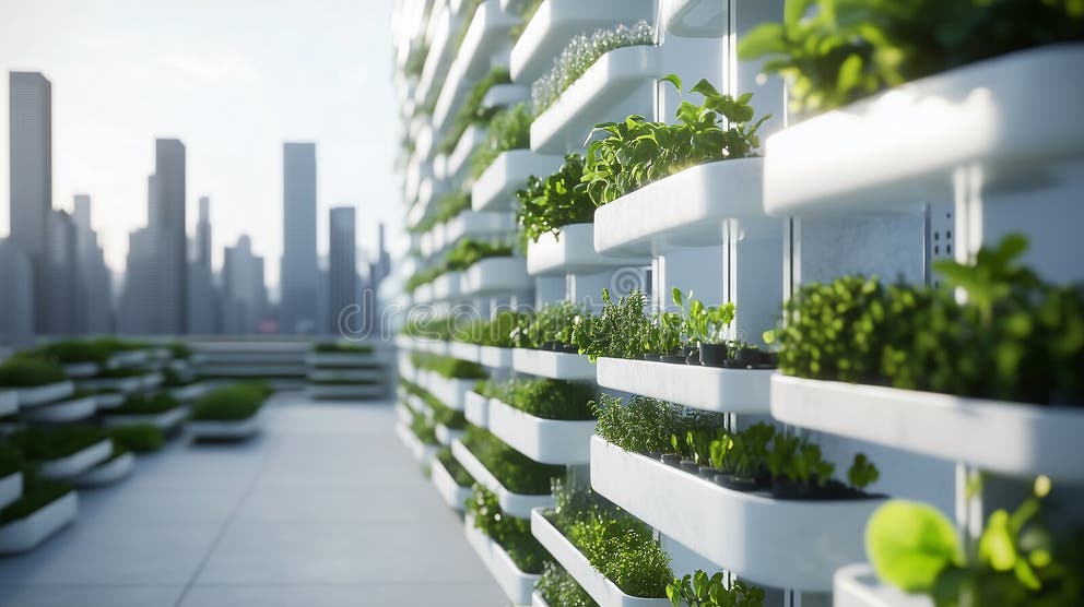 Vertical Garden on a Modern Rooftop, Featuring Rows of White ...