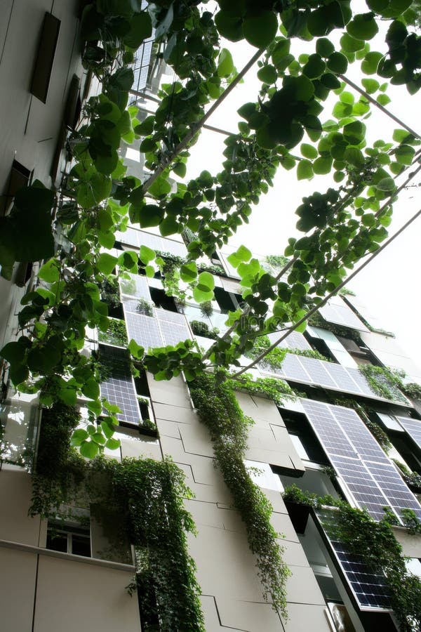 Vertical Garden with Solar Panels on Modern Building Facade. Stock ...