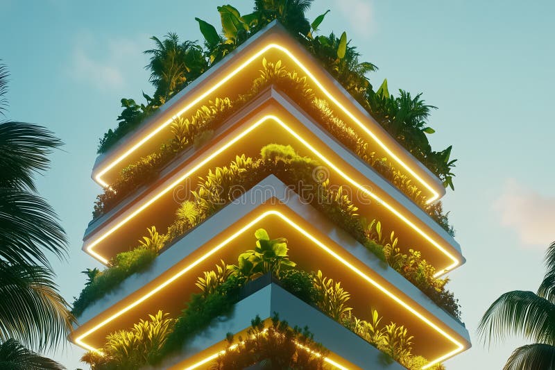 Vertical Garden Structure with Vibrant Greenery and Warm Lighting ...