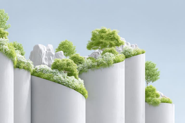 Vertical Gardens on White Cylindrical Structures with Lush Greenery and ...