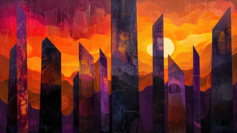 Vertical Geometric Sculptures with Sunset Reflections, Warm Oranges and ...