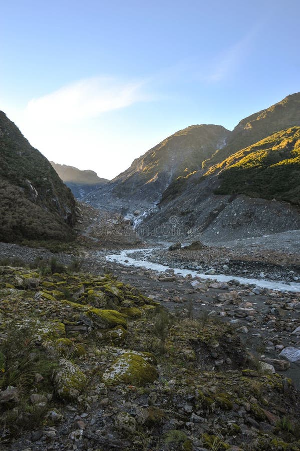 Vertical of Glacier and Stream with Sunlight and Shade Stock Image ...