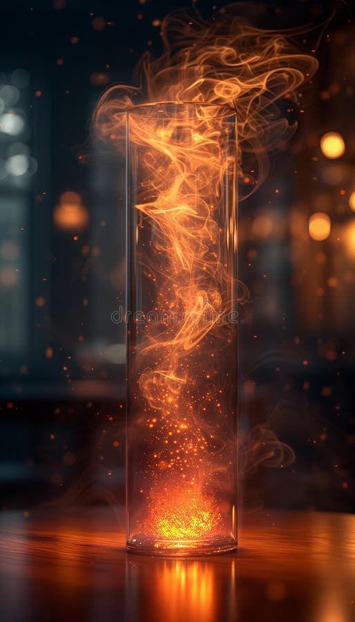 Vertical Glass Flask with Splash and Fire on Dark Background Stock ...